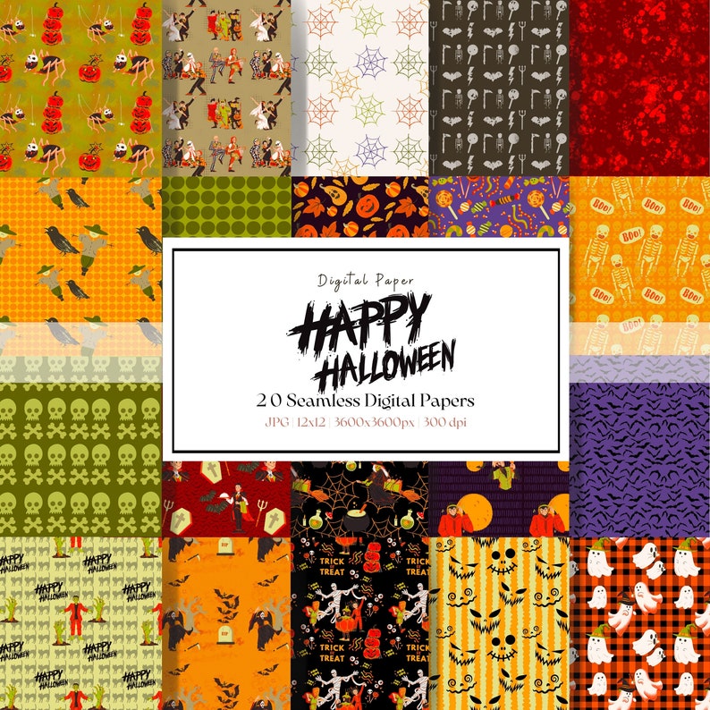 20 Happy Halloween Digital Paper, Hand Drawn Spooky Halloween ...