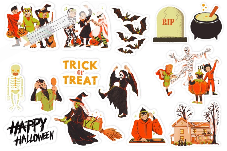 36 Happy Halloween Clipart, Hand Drawn Spooky Halloween Stickers ...