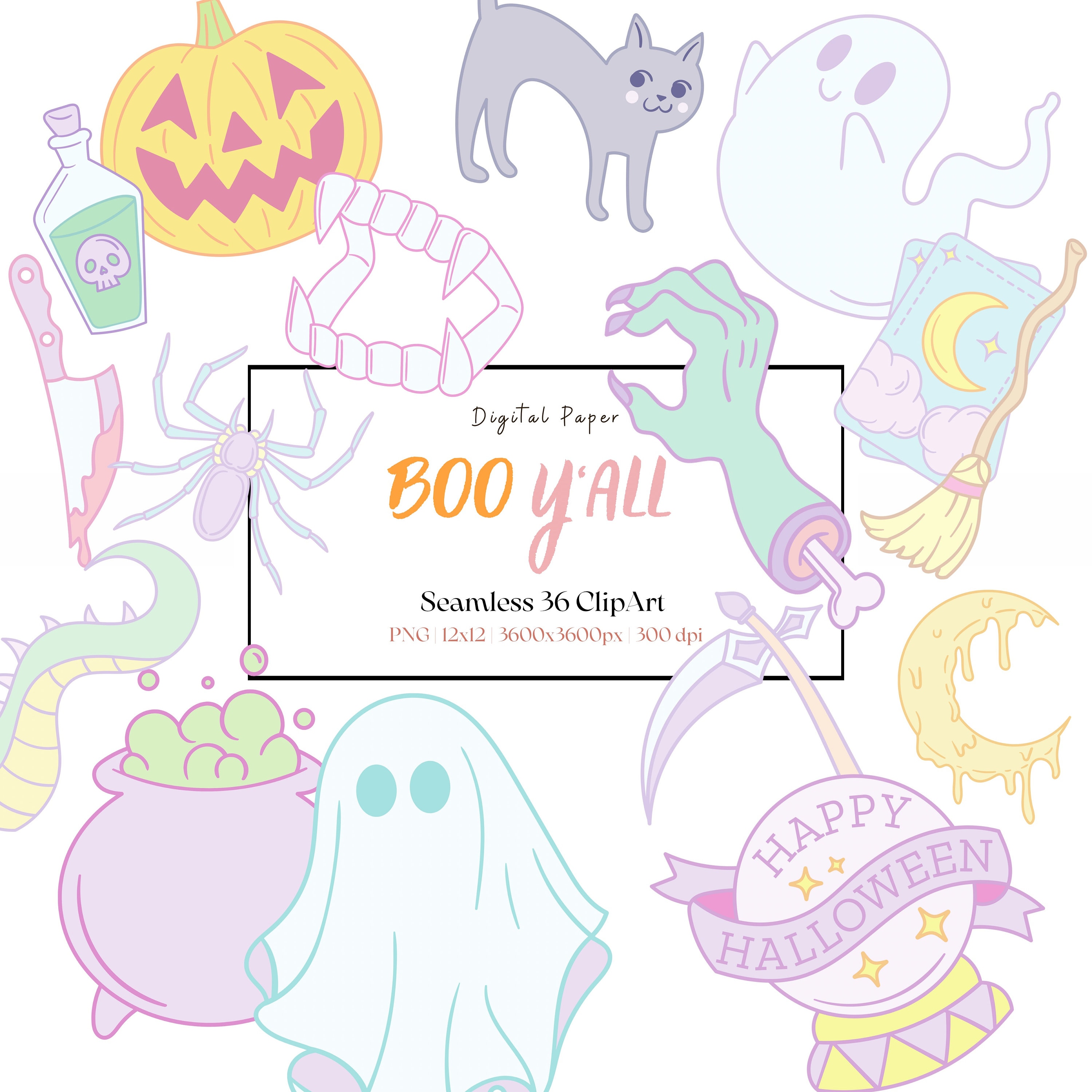 36 BOO Y’ALL Clipart, Hand Drawn Spooky Halloween Stickers, Seamless ...