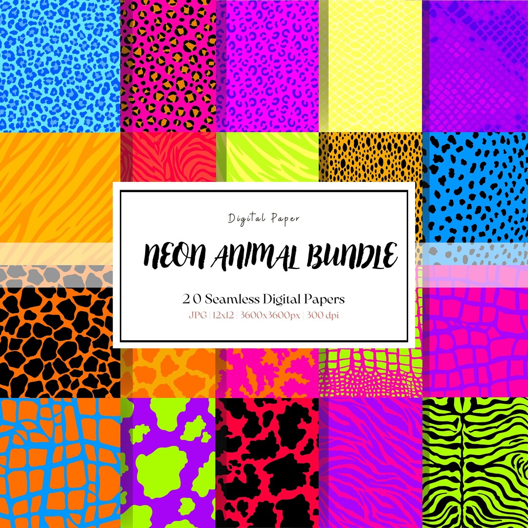 20 Neon Animals Print Digital Paper Bundle, Leopard,tiger,zebra,giraffe ...