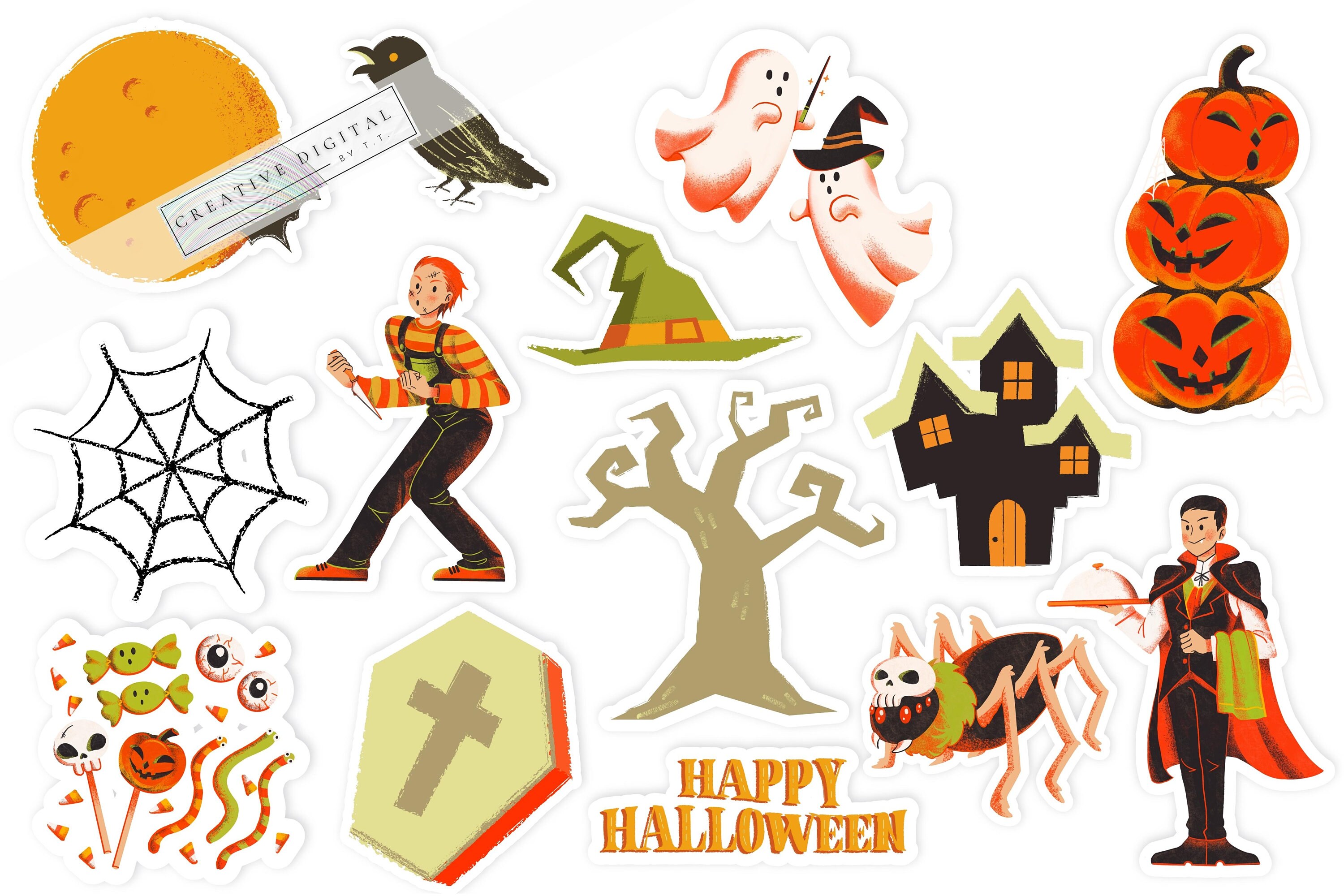 36 Happy Halloween Clipart, Hand Drawn Spooky Halloween Stickers ...