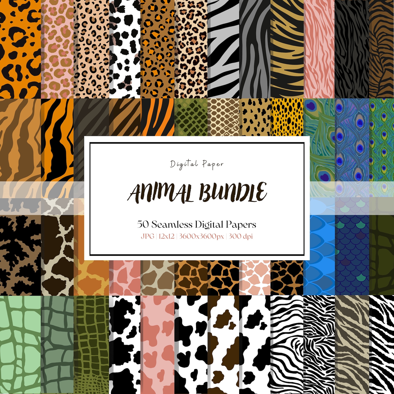 50 Animals Print Digital Paper Bundle, Leopard,tiger,zebra,giraffe,fish ...