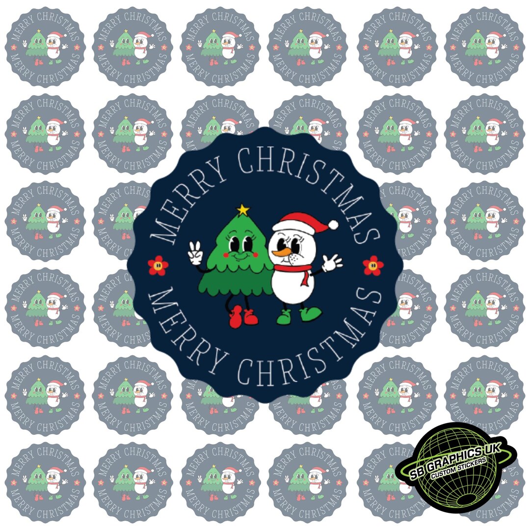 Merry Christmas Cartoon Stickers Snowman Christmas Tree Round Shaped ...