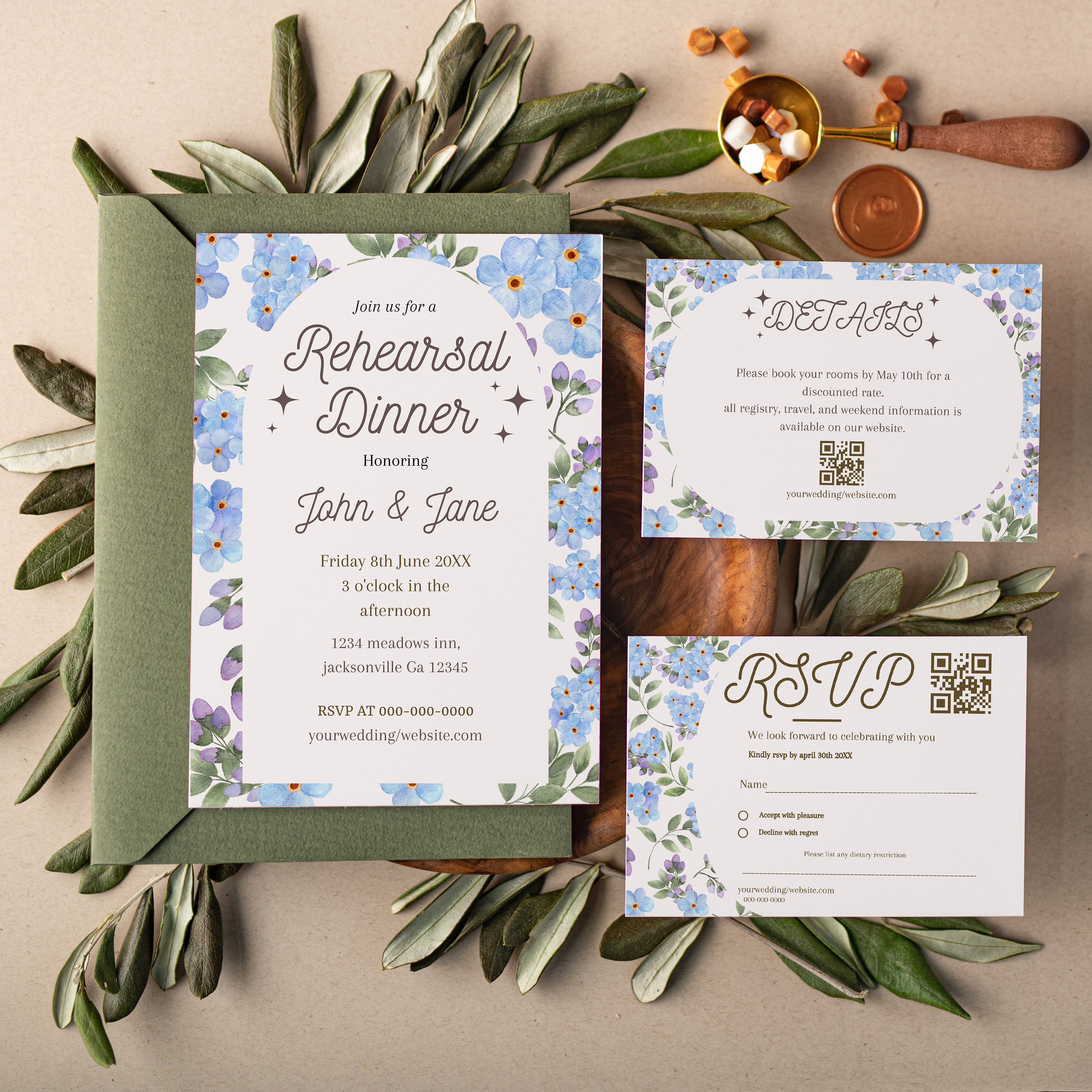Forget Me Not Wedding Invitation Canva Templet Set - Etsy