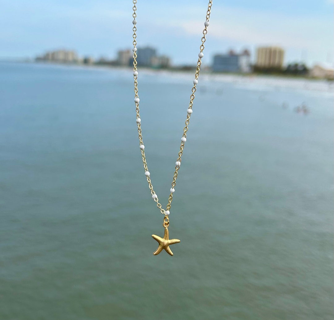 Gold Starfish Necklace, White and Gold Beaded Chain, Handmade, 16 ...