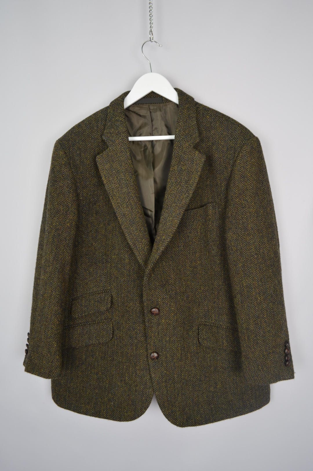HARRIS TWEED M&S Herringbone Green EU54/UK44 Short or ~L* Wool Blazer ...