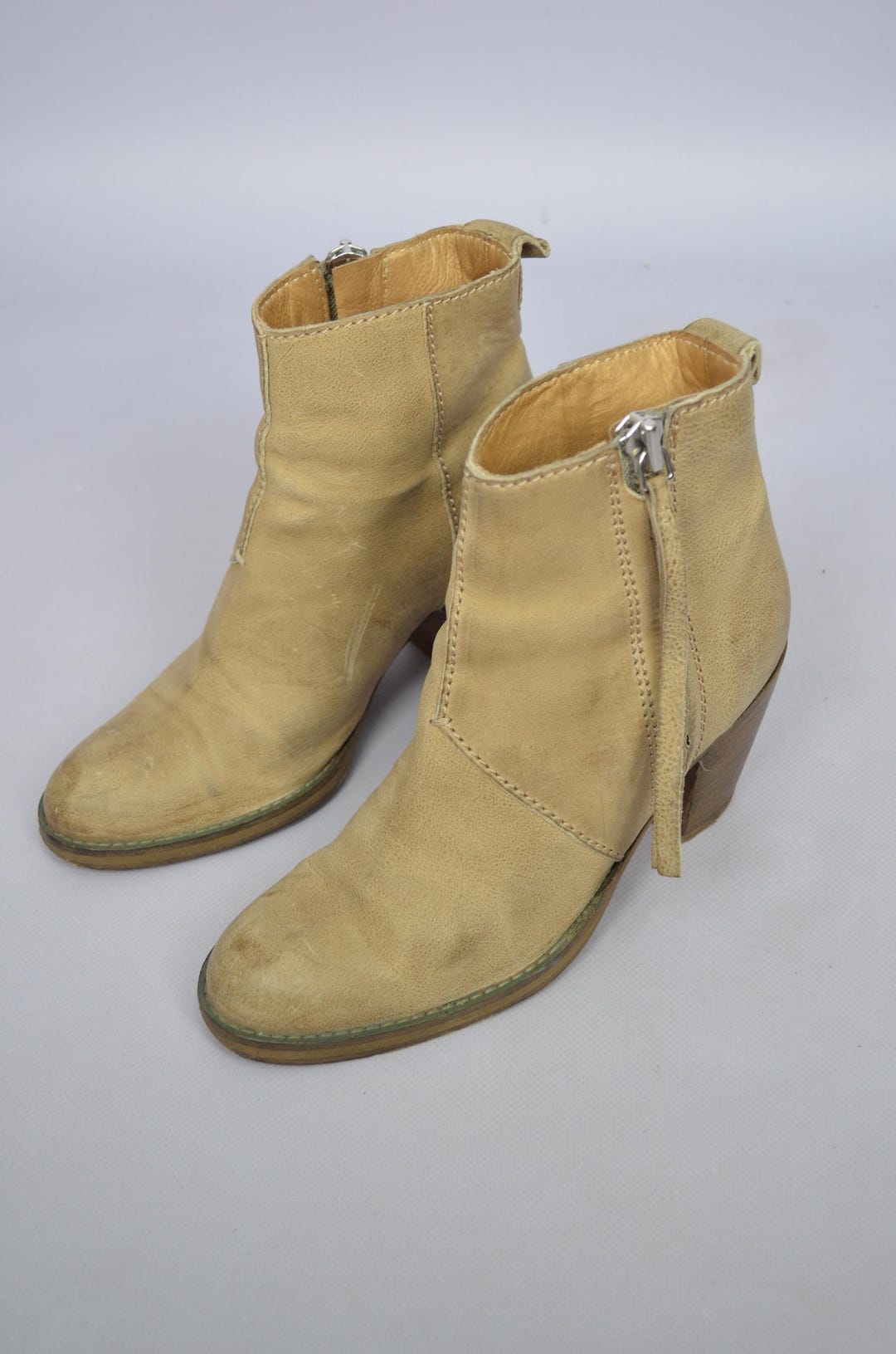 Acne Studios Pistol Tan Beige Side Zip Ankle Heel Boots Size 37/US7 ...
