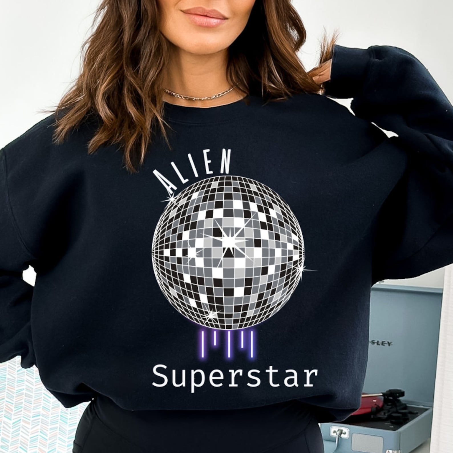 Alien Superstar Retro Disco Ball Sweatshirt, Trendy Disco Cowgirl ...