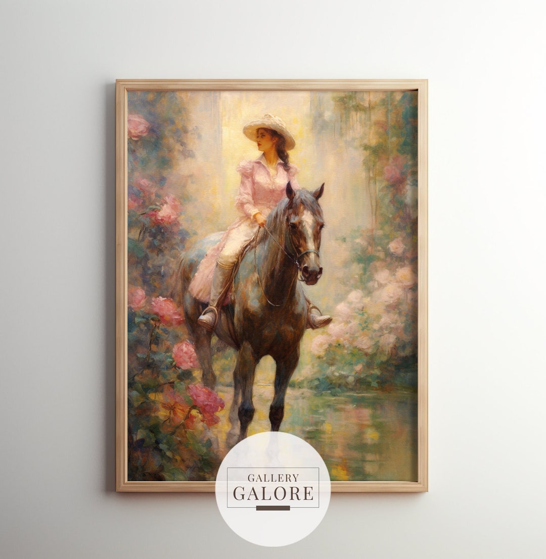 The Rider Woman Painting, Farmhouse Wall Art, Retro Horse Painting ...