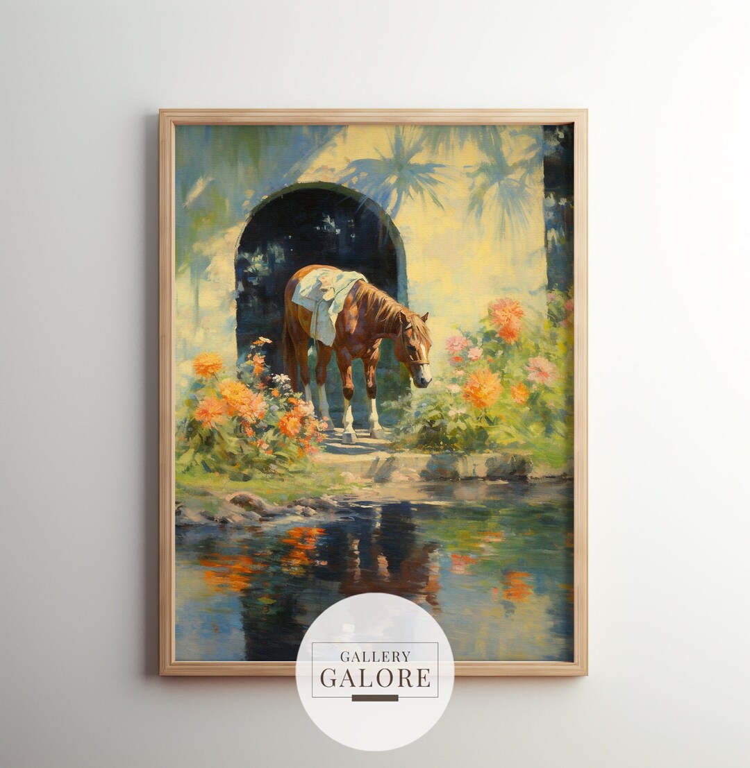 Vintage Horse by the Water Art Print, Equestrian Print, Brown Horse ...