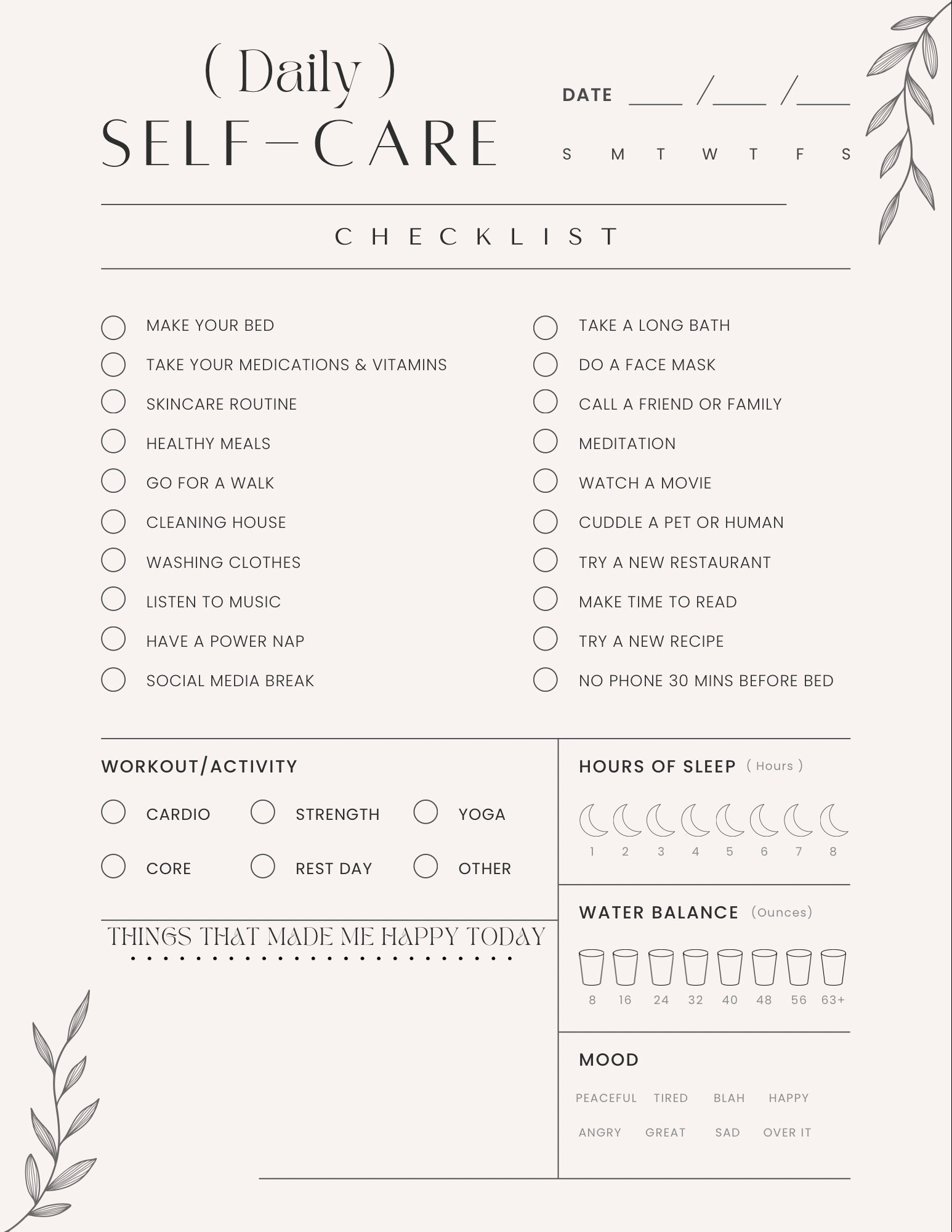 Printable & Editable Daily Planner, Self Care, Checklist, Digital ...