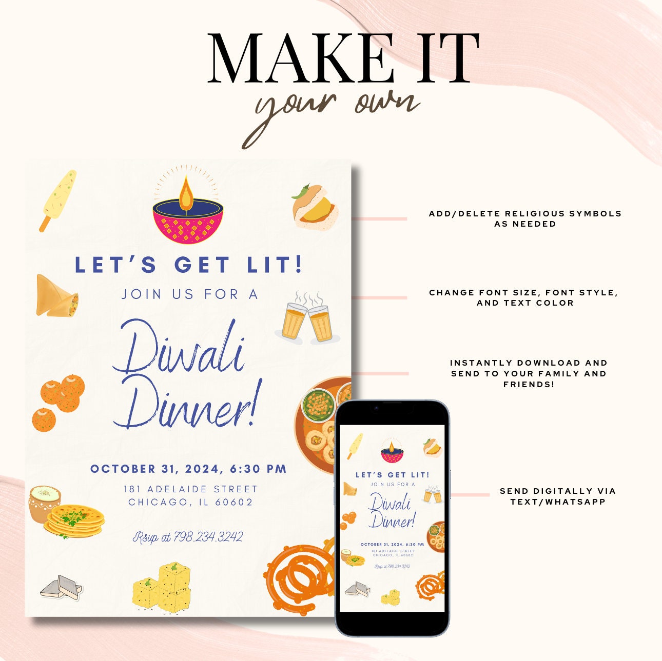 Diwali Party Invitation, Hindu Festival of Lights Digital Card, Modern ...