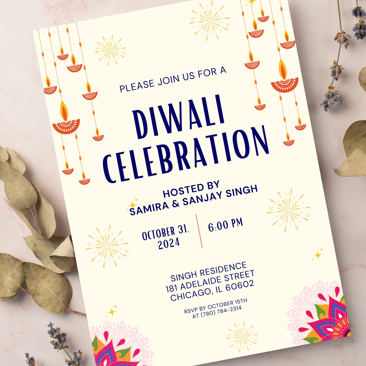 Diwali Party Invitation, Hindu Festival of Lights Digital Card, Modern ...