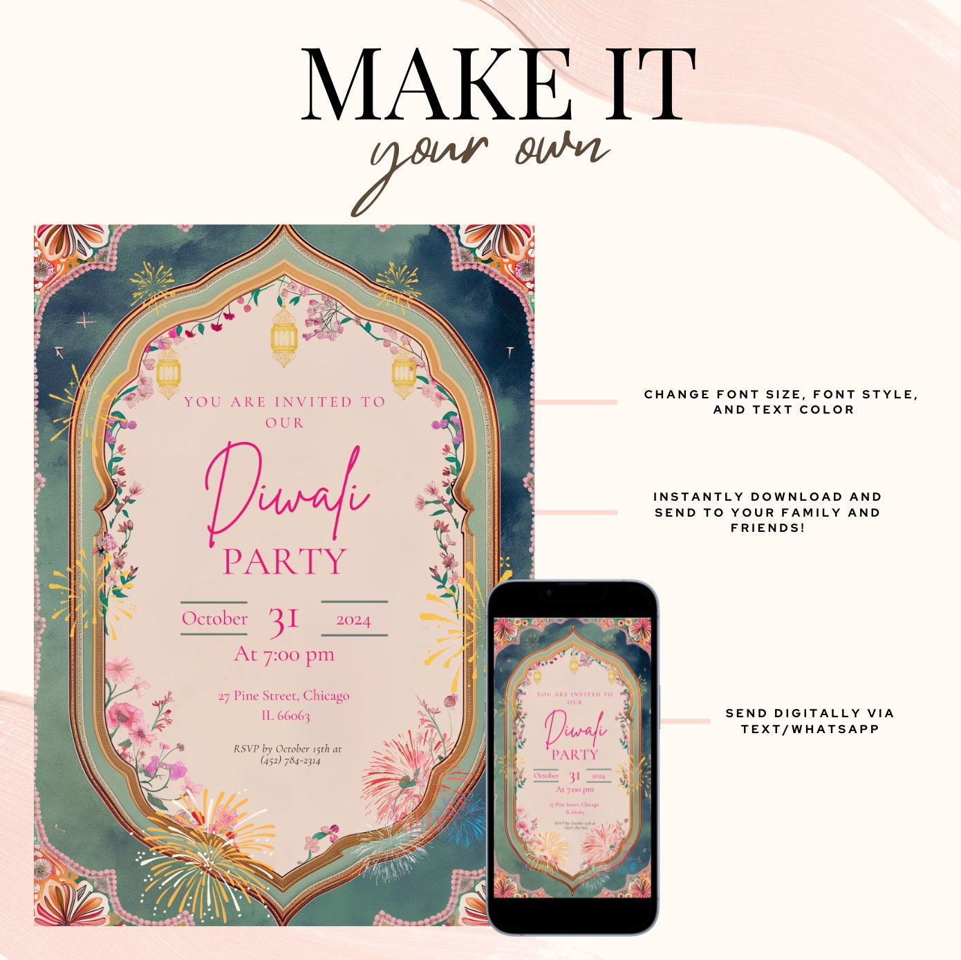 Diwali Party Invitation, Hindu Festival of Lights Digital Card, Modern ...