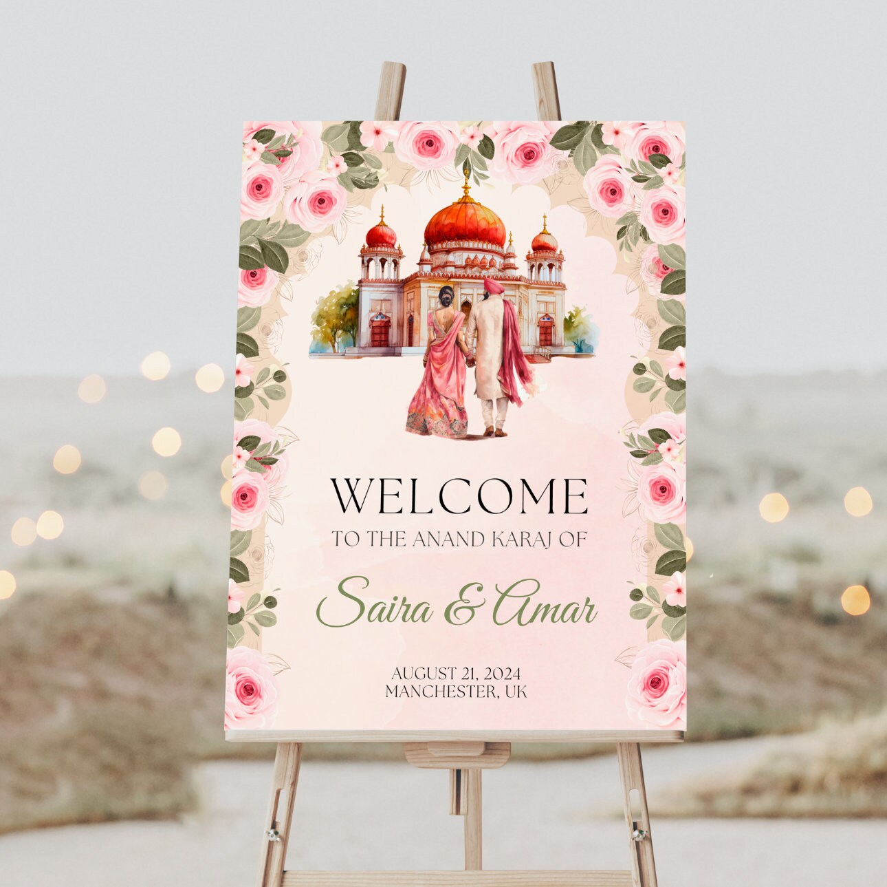 Punjabi Wedding Welcome Sign With Gurdwara, Anand Karaj Wedding Sign ...