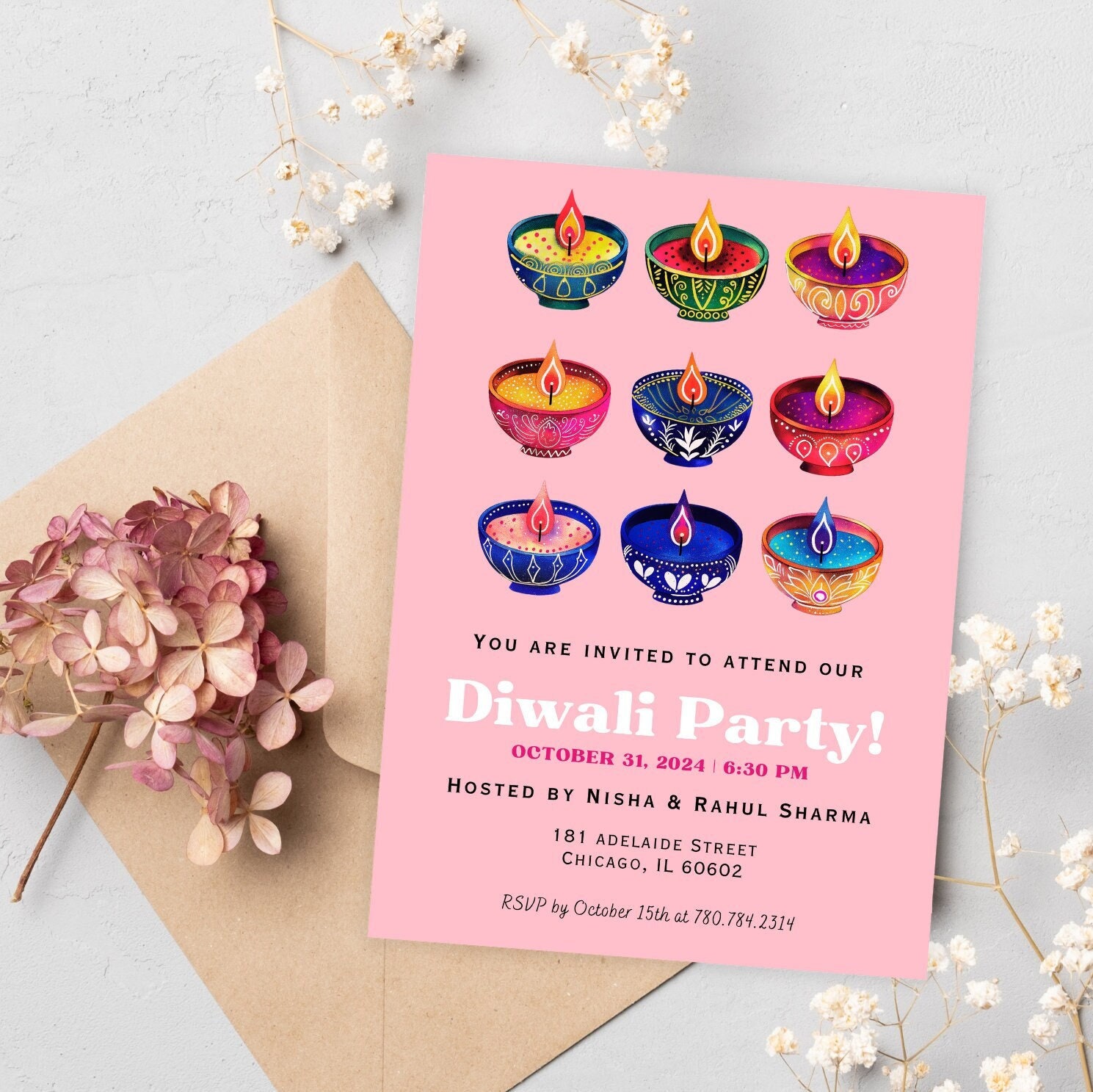Diwali Party Invitation, Hindu Festival of Lights Digital Card, Modern ...
