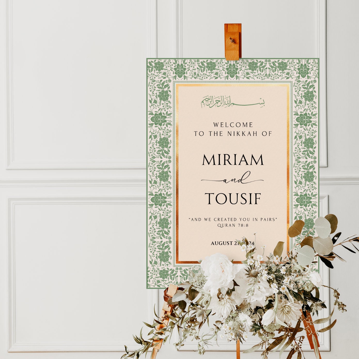 Nikkah Welcome Sign, Islamic Wedding Board Green Gold, Personalized ...