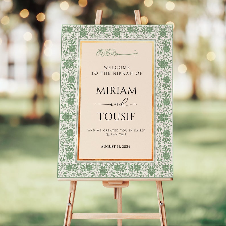 Nikkah Welcome Sign, Islamic Wedding Board Green Gold, Personalized ...