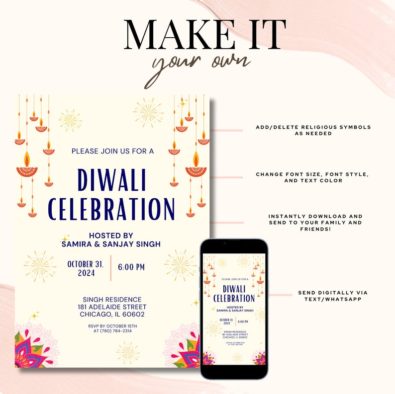 Diwali Party Invitation, Hindu Festival of Lights Digital Card, Modern ...