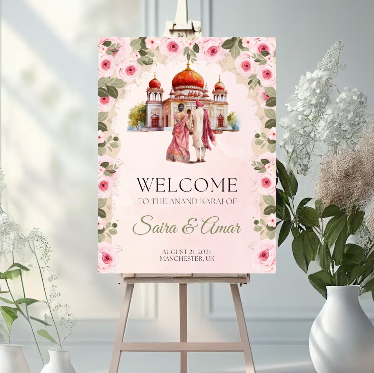 Punjabi Wedding Welcome Sign With Gurdwara, Anand Karaj Wedding Sign ...