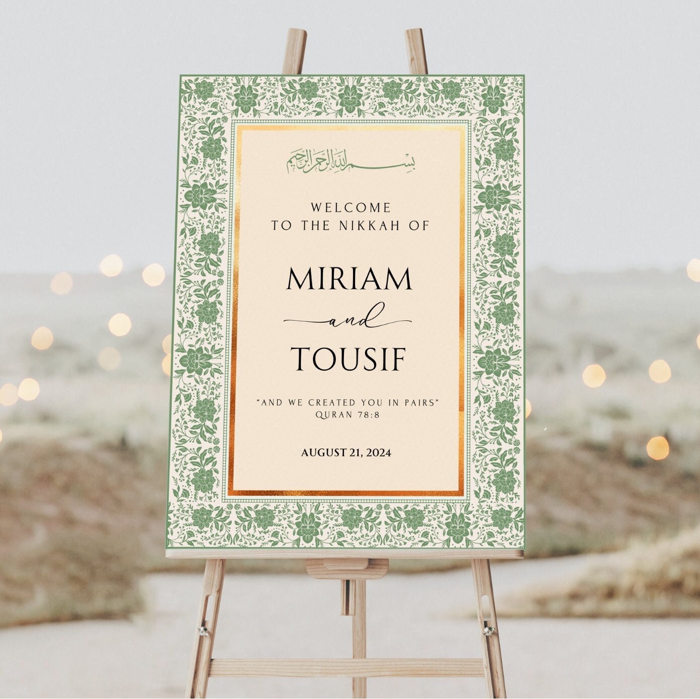Nikkah Welcome Sign, Islamic Wedding Board Green Gold, Personalized ...