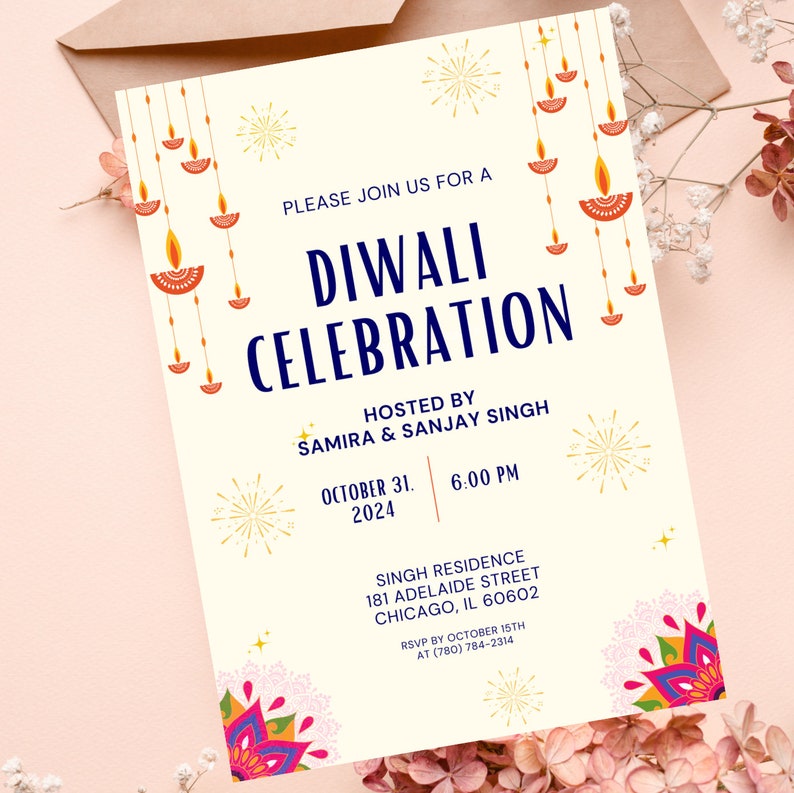 Diwali Party Invitation, Hindu Festival of Lights Digital Card, Modern ...