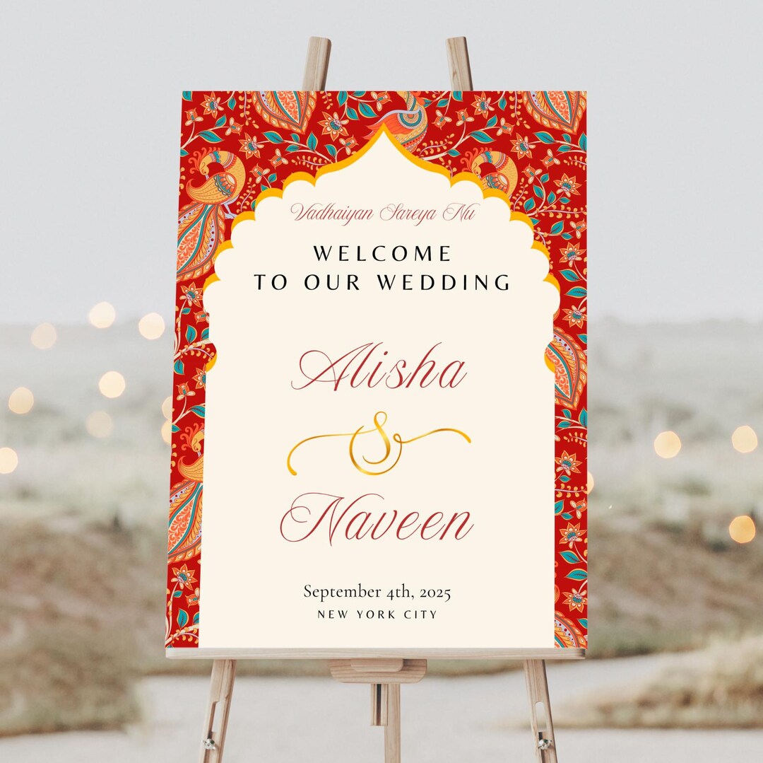Punjabi Wedding Welcome Sign Maroon, Indian Wedding Decor, Hindu ...