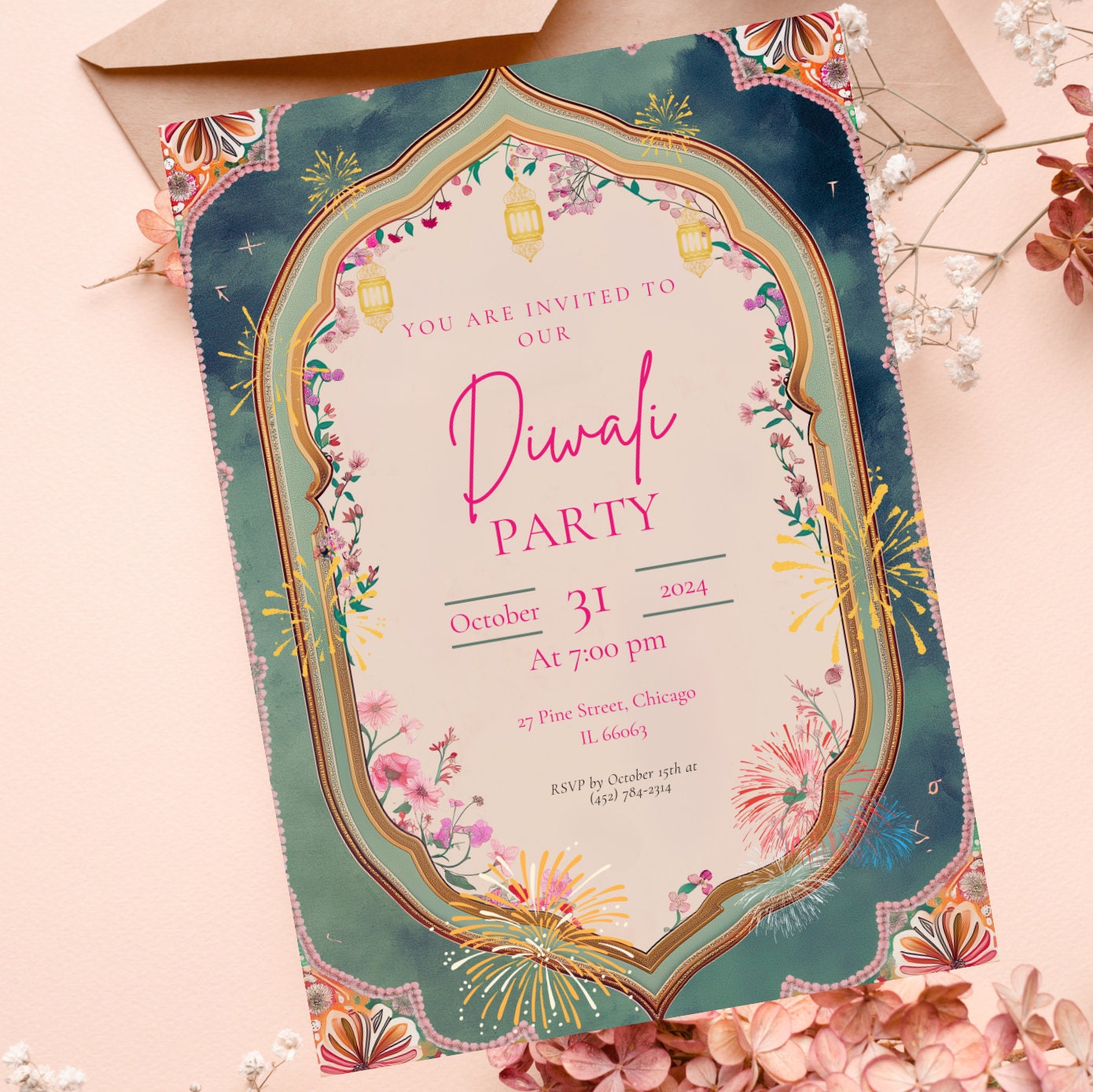 Diwali Party Invitation, Hindu Festival of Lights Digital Card, Modern ...