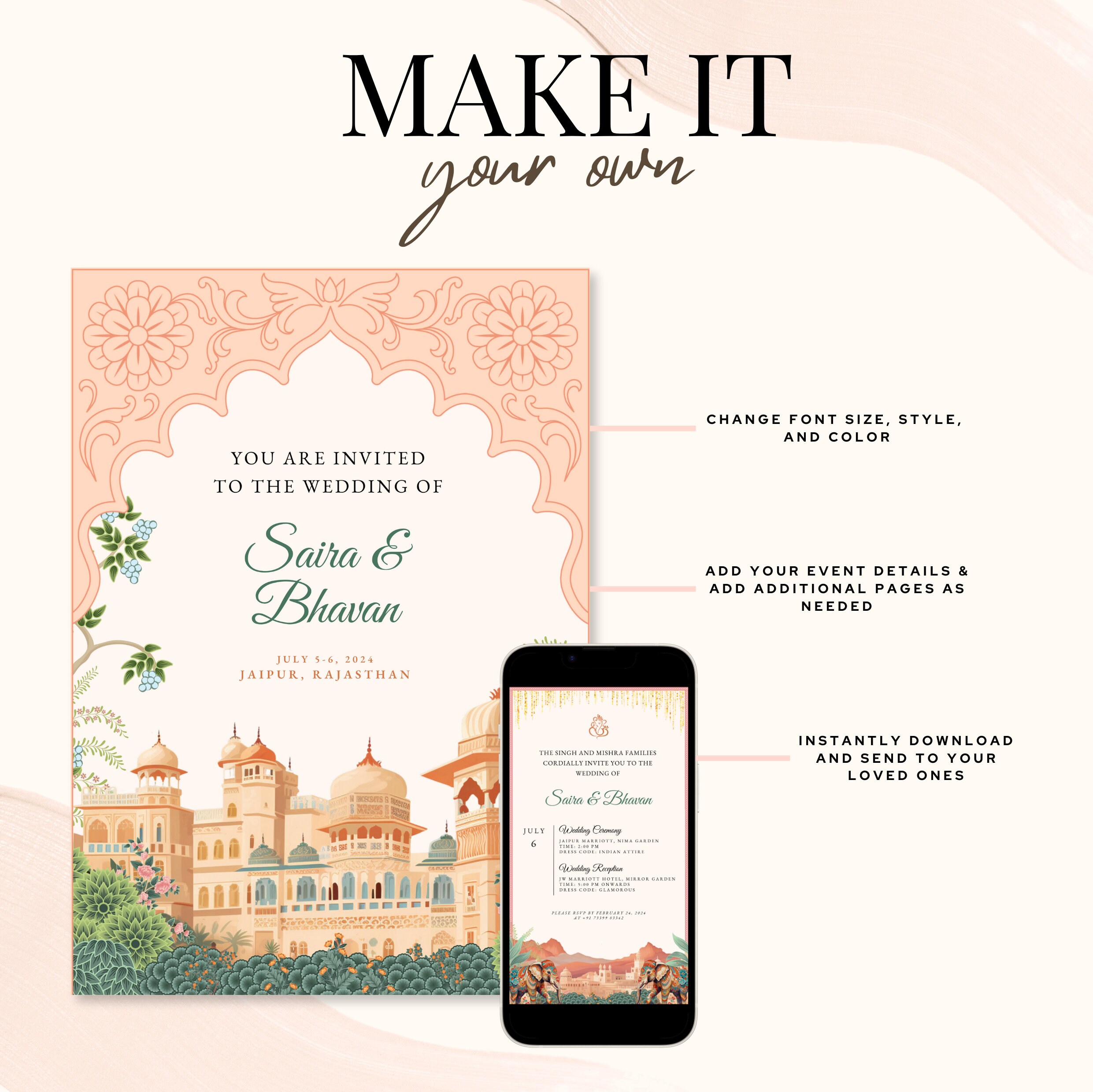 Indian Wedding Invitation, Hindu Wedding Invite Set, DIY Printable Invitations, Wedding ...