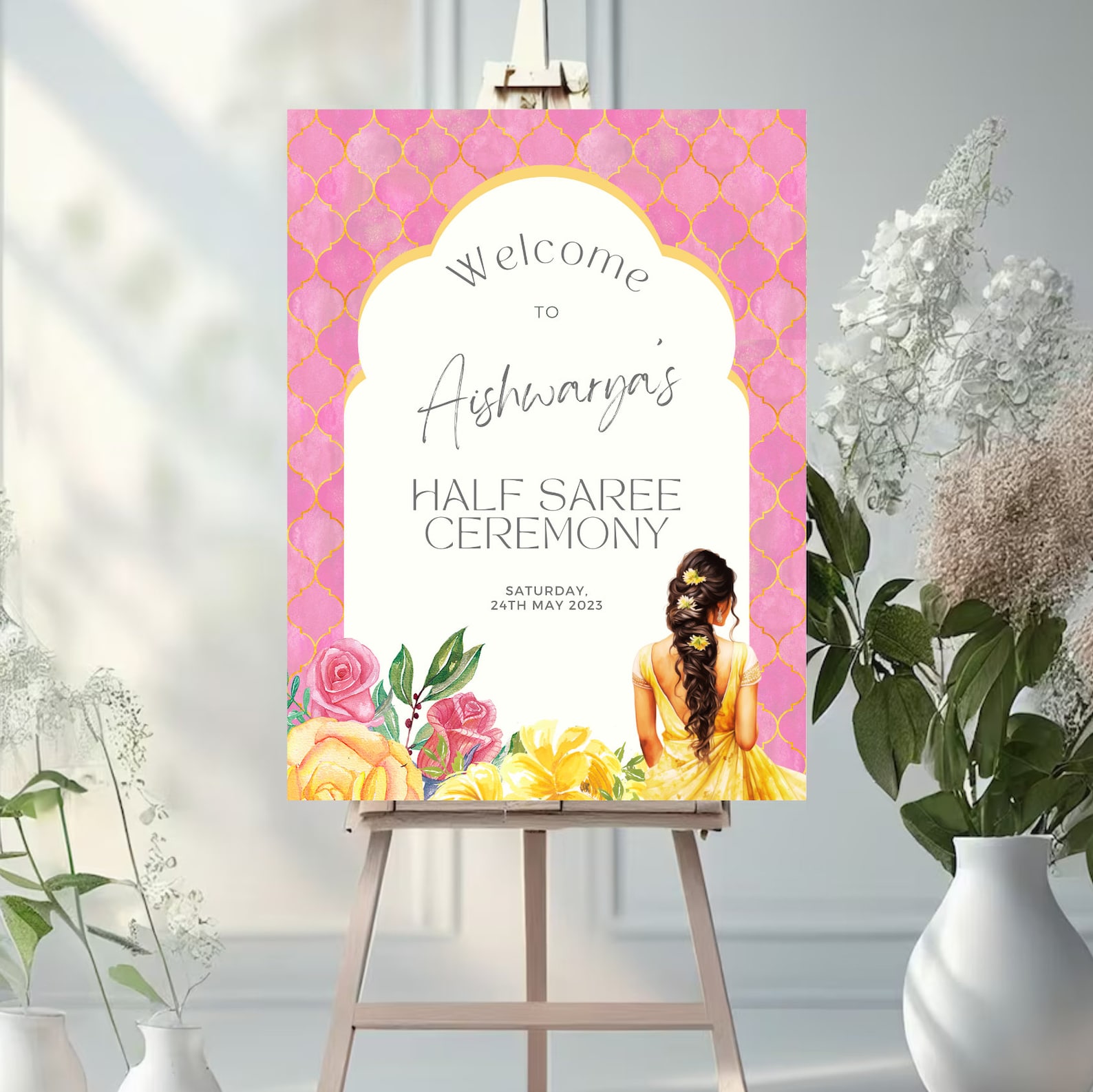 Half Saree Ceremony Sign, Puberty Ceremony Entrance Signage, Canva ...