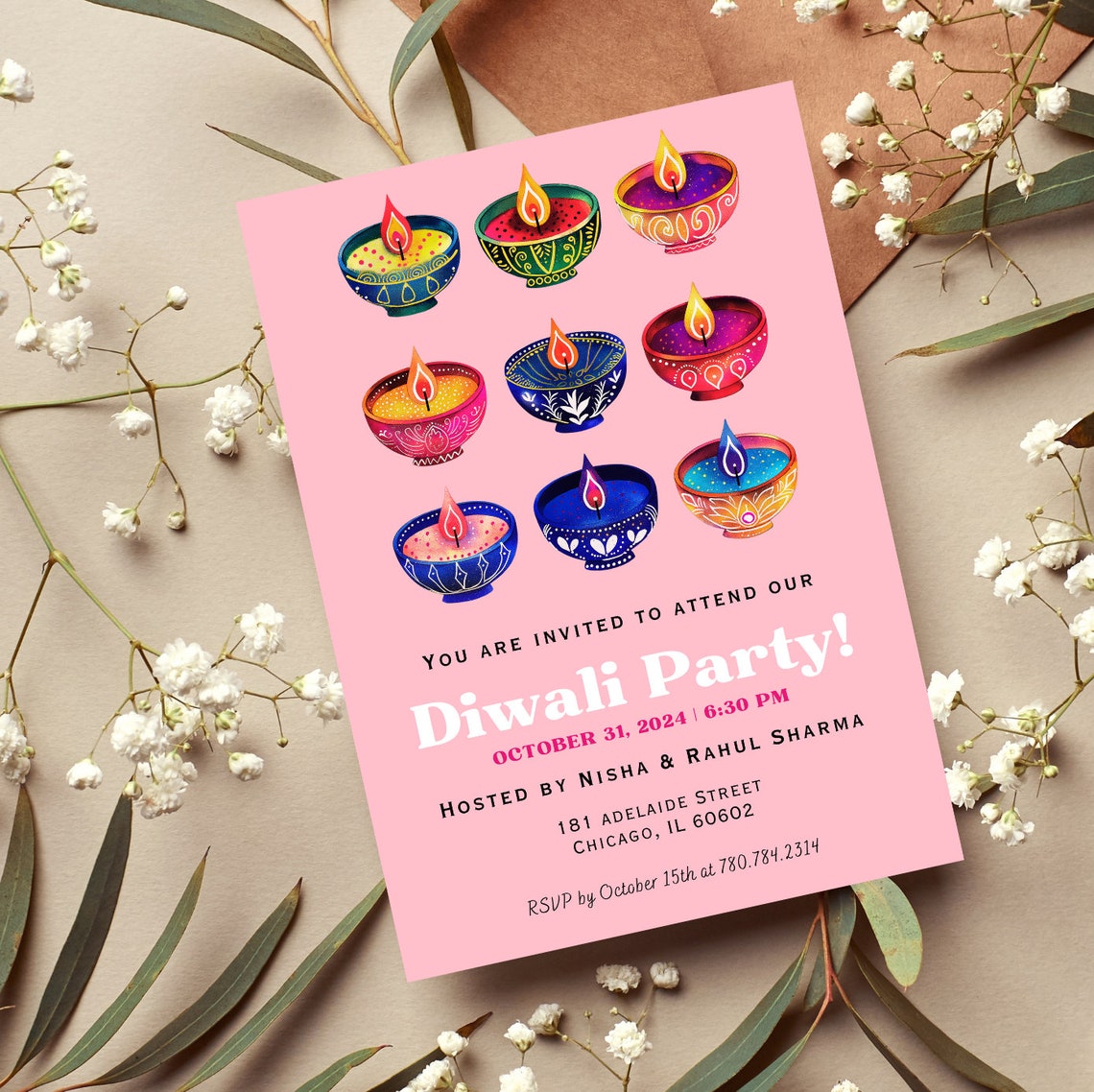 Diwali Party Invitation, Hindu Festival of Lights Digital Card, Modern ...