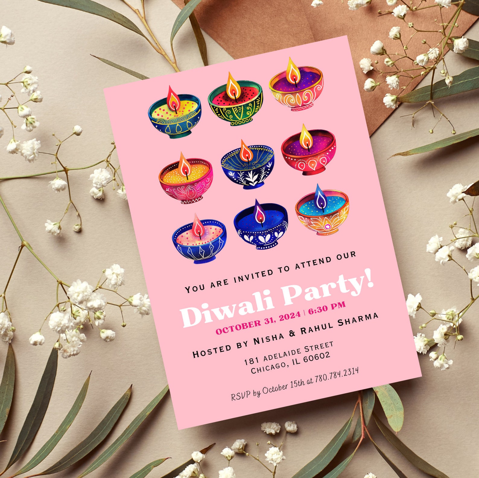 Diwali Party Invitation, Hindu Festival of Lights Digital Card, Modern ...