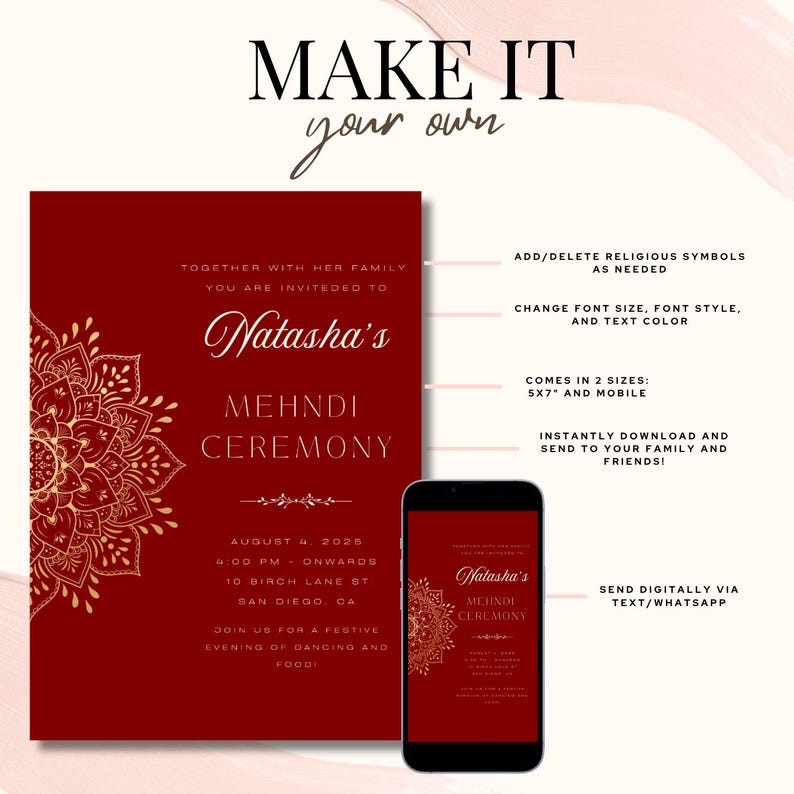 Regal Red Gold Indian Wedding Invitation, Floral Digital Template ...