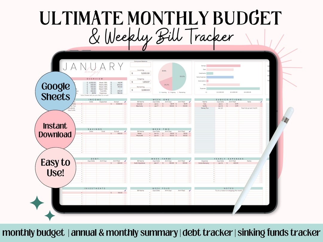 Monthly Budget Planner: Google Sheets Budget Tracker (digital Download ...