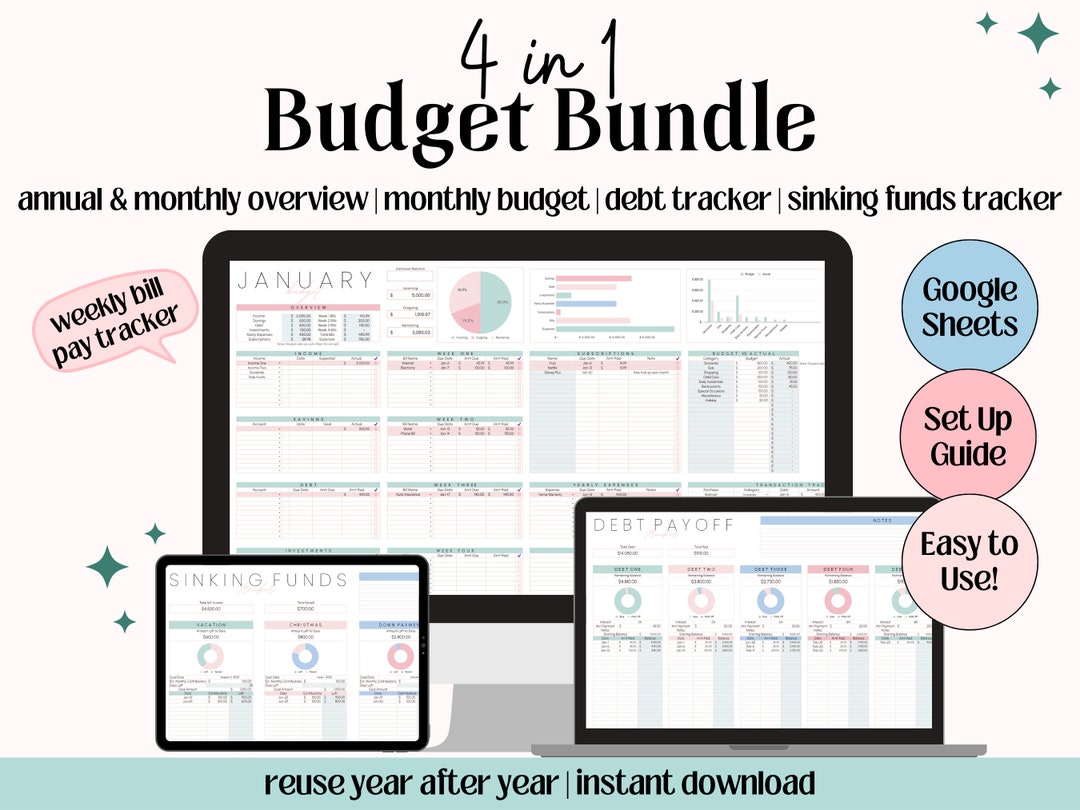 4-in-1 Monthly Budget Spreadsheet Template Monthly Income Tracker ...