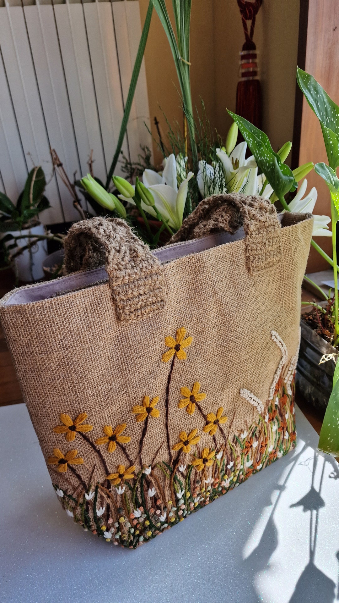 Hand Embroidered Jute Bag - Little Flowers Pattern - Etsy