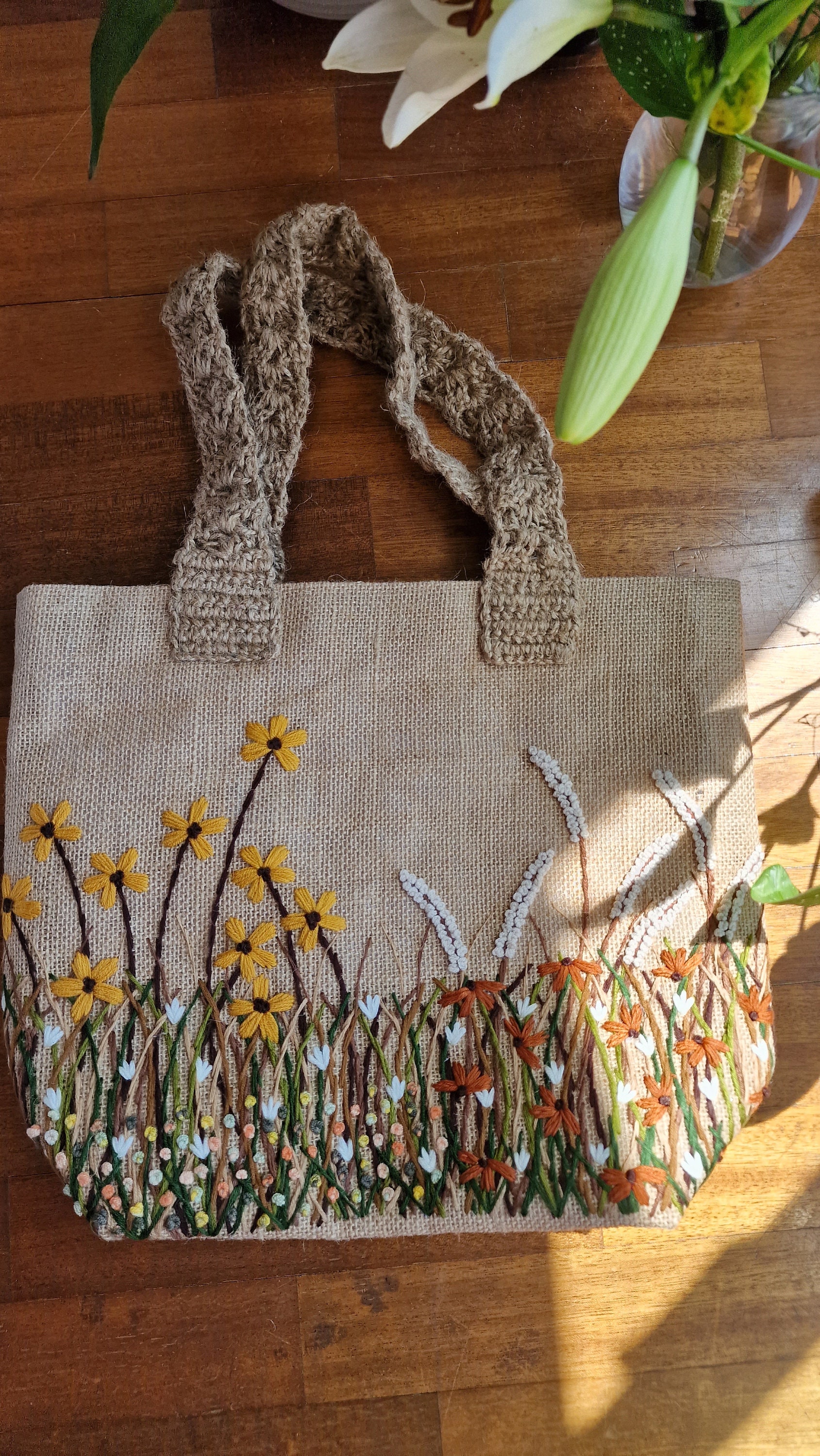 Hand Embroidered Jute Bag - Little Flowers Pattern - Etsy
