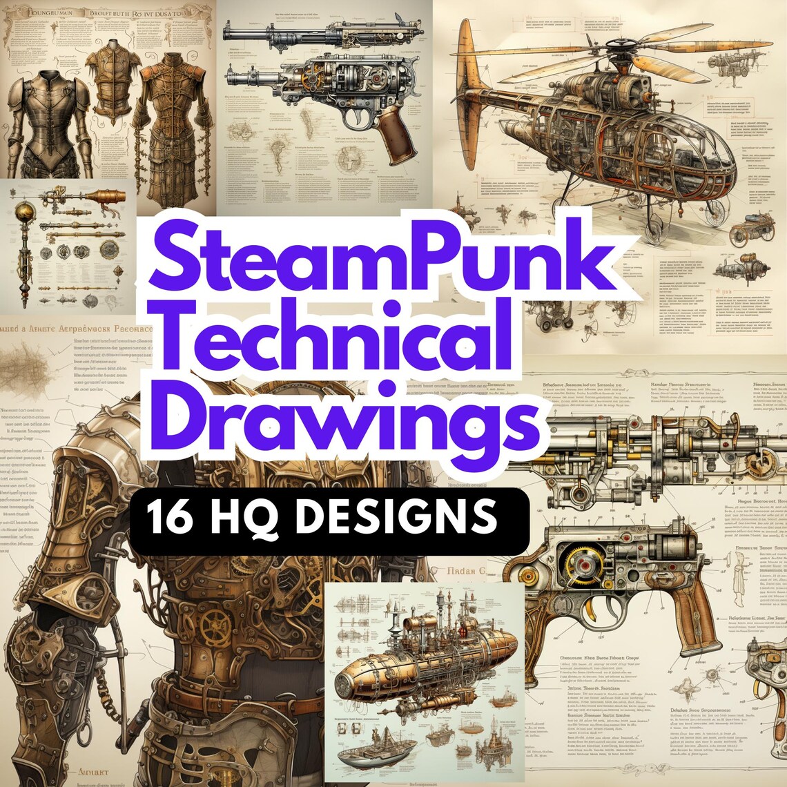 Steampunk Technical Drawings | Vintage Machine Blueprints | Digital ...