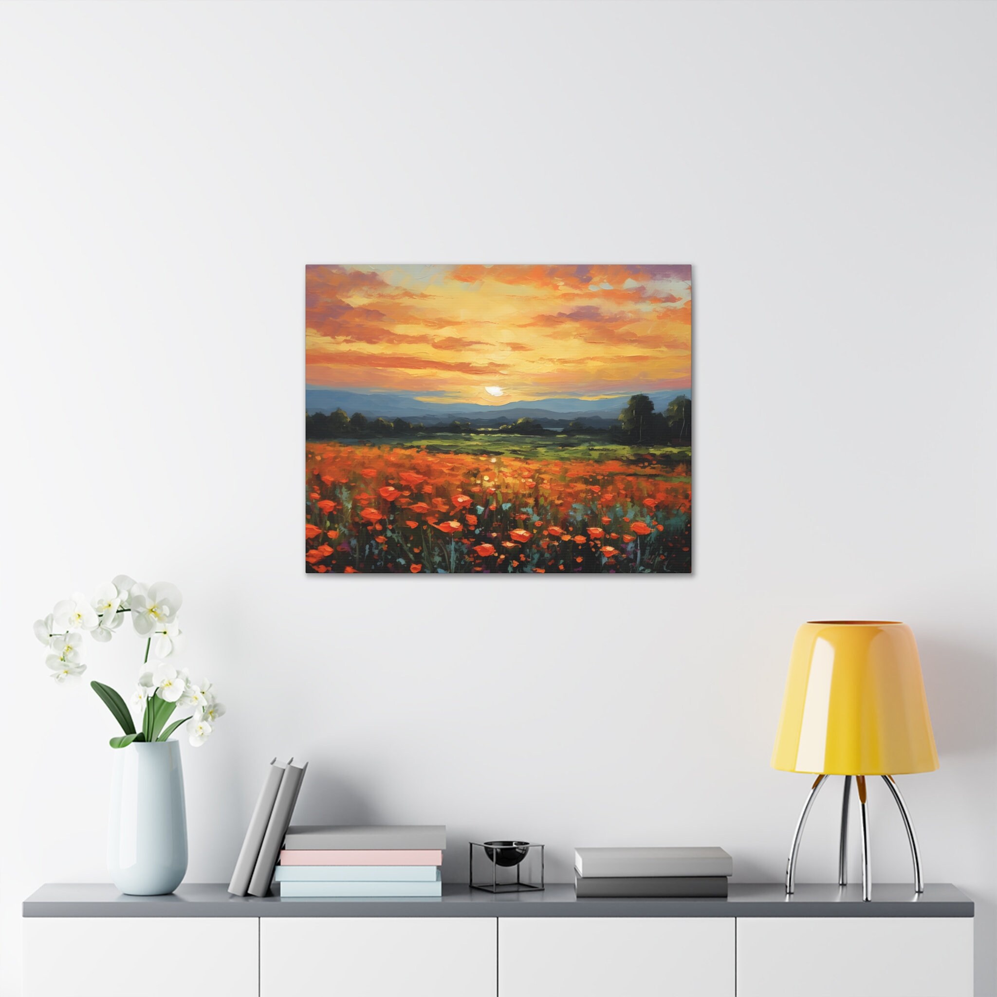 Canvas Gallery Wraps, Vibrant Sunset in Flower Field: Impressionistic ...