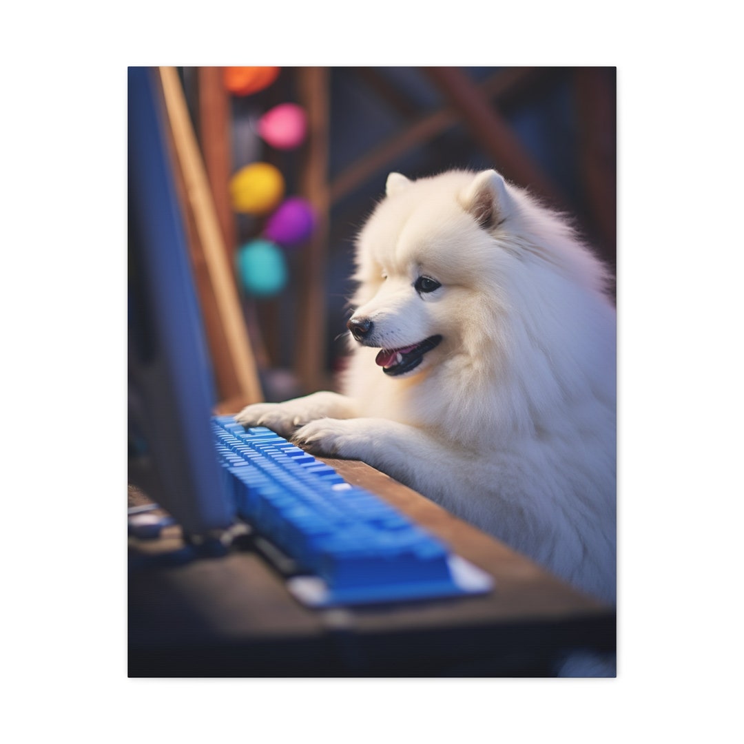 Canvas Gallery Wraps, Tech-savvy Samoyed: Playful Paws on the Computer ...
