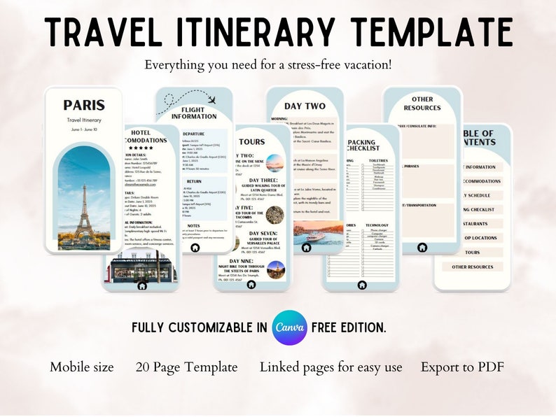 Travel Itinerary Mobile Template, Digital Travel Planner, Editable ...