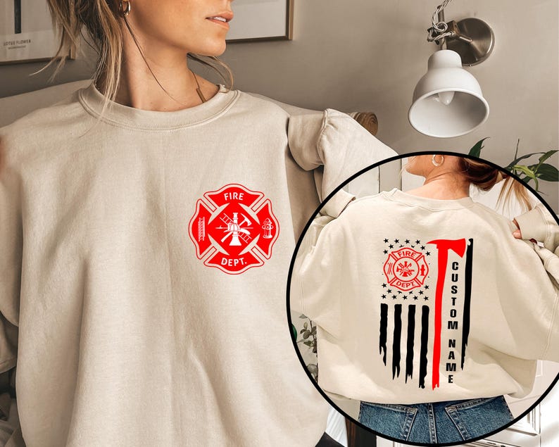 Custom Firefighter Crewneck, Gift for Firefighter Wife Hoodie, Red Line Flag Tee - Etsy