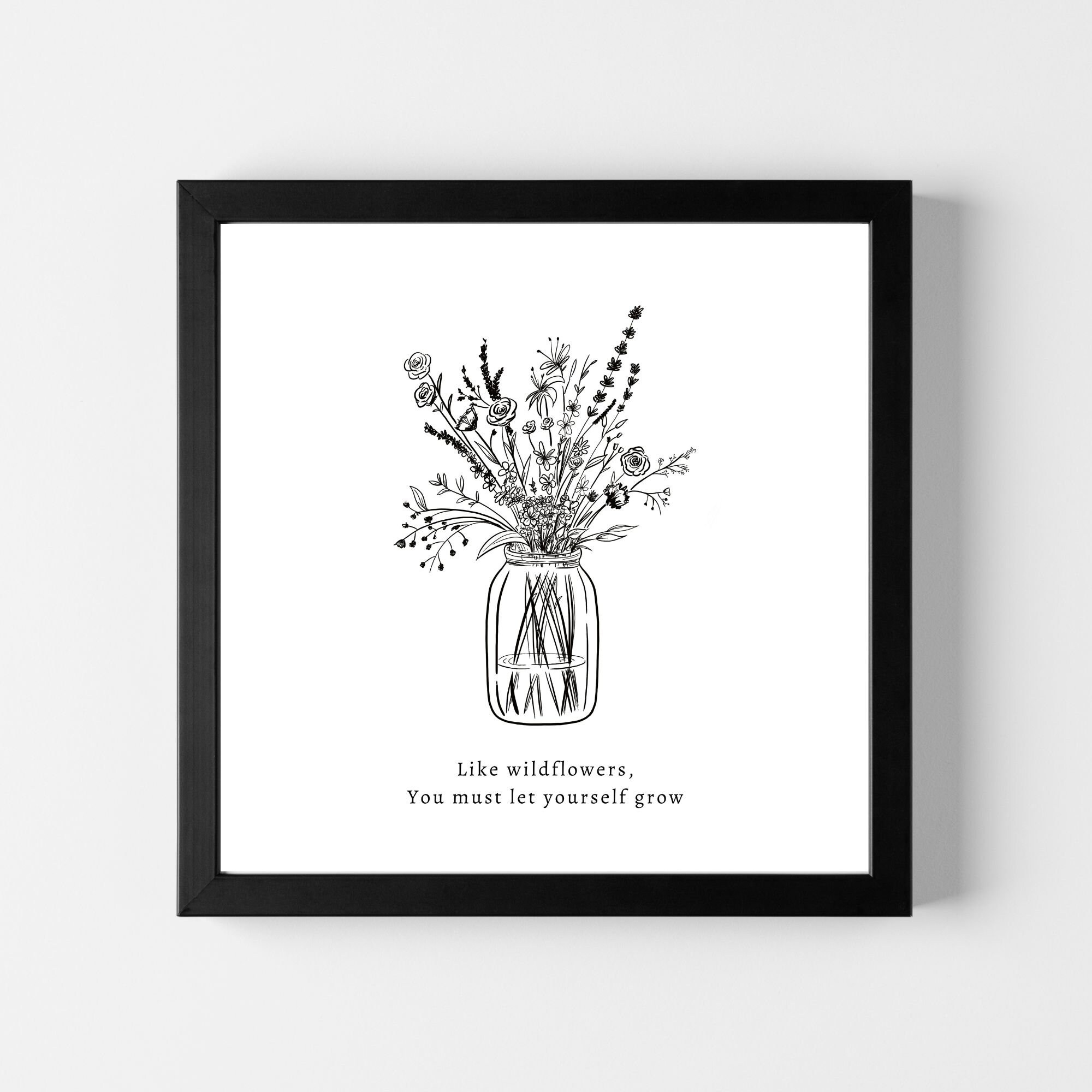 Wildflowers Flower Line Art With Inspirational Quotes, Instant Digital ...
