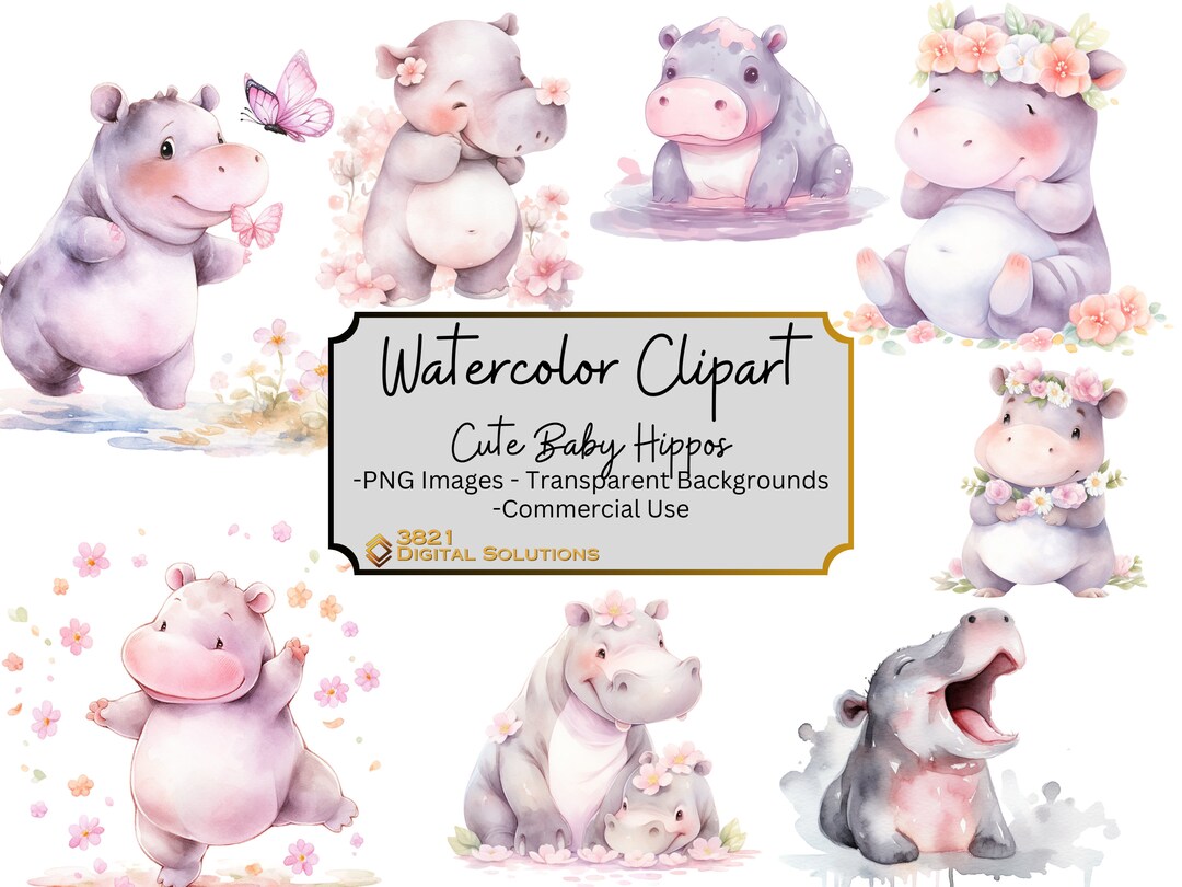 Cute Watercolor Hippos Digital Clipart Baby Safari Cartoon for Cookies ...