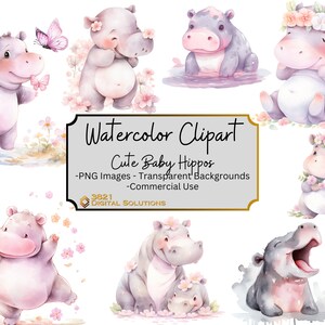 Cute Watercolor Hippos Digital Clipart Baby Safari Cartoon for Cookies ...
