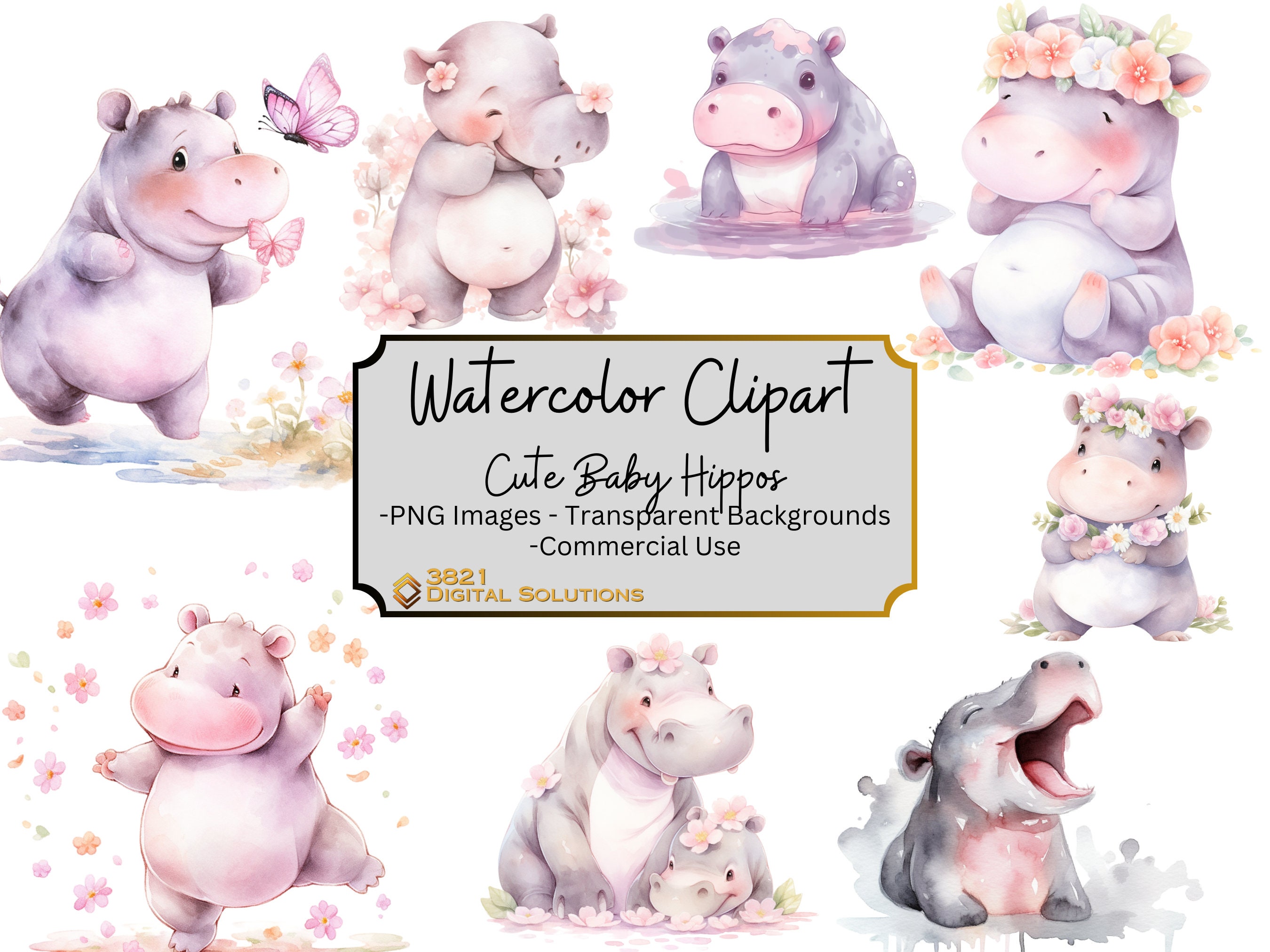 Cute Watercolor Hippos Digital Clipart Baby Safari Cartoon for Cookies ...