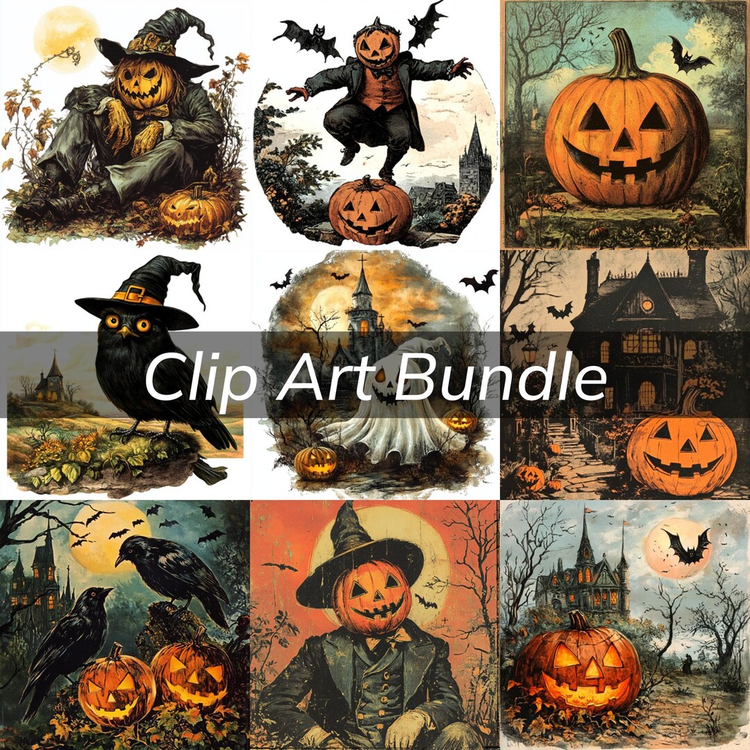 Vintage Halloween Digital Art Collection Scrapbook Papers, Clipart ...