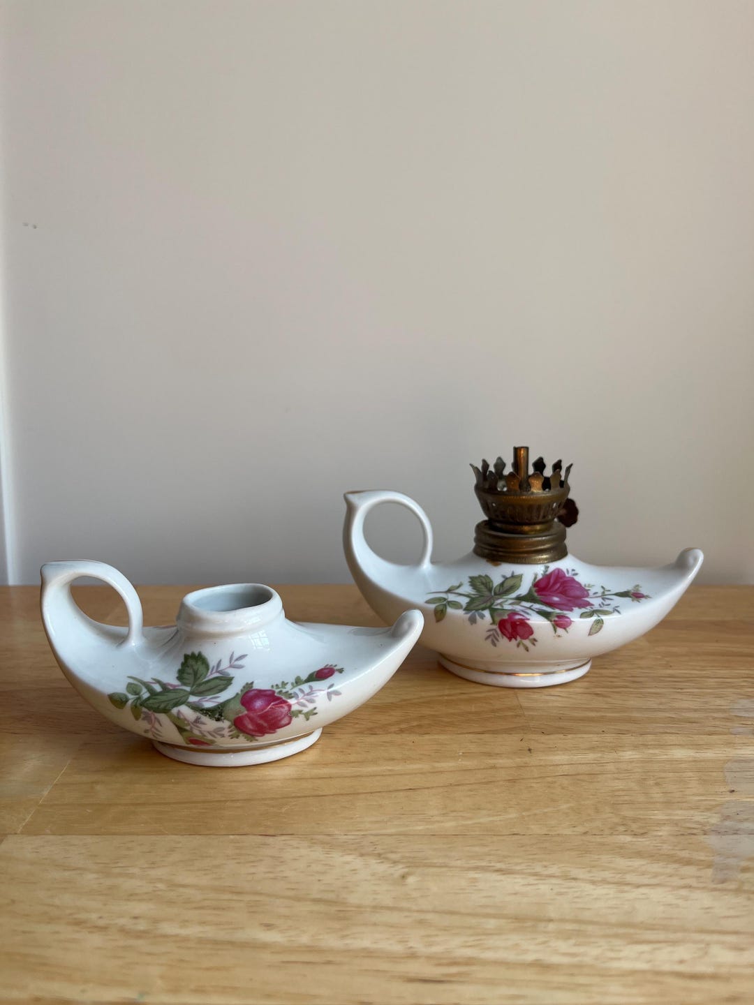 Vintage Aladdin Genie Oil Lamp Porcelain With Rose Pattern. Two Lamps ...