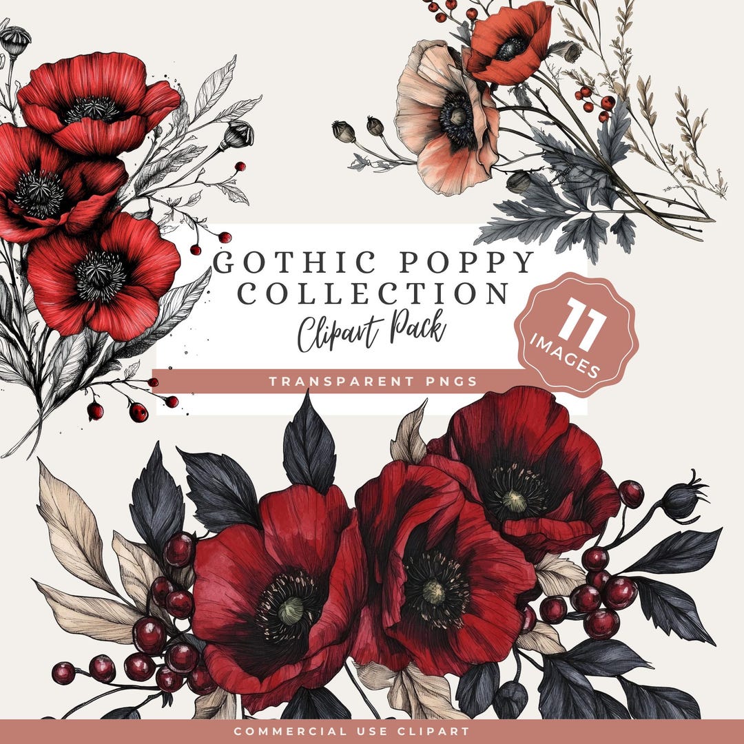 Gothic Poppy Art, Dark Red Floral Clipart Pngs, Moody Botanical ...