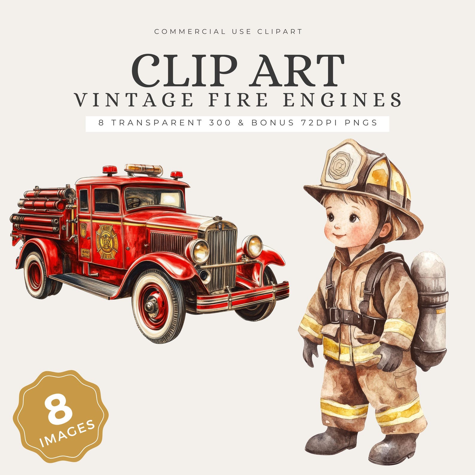 Fire Engine Nursery Clipart, Firefighter Clipart Bundle, Little Firemen ...